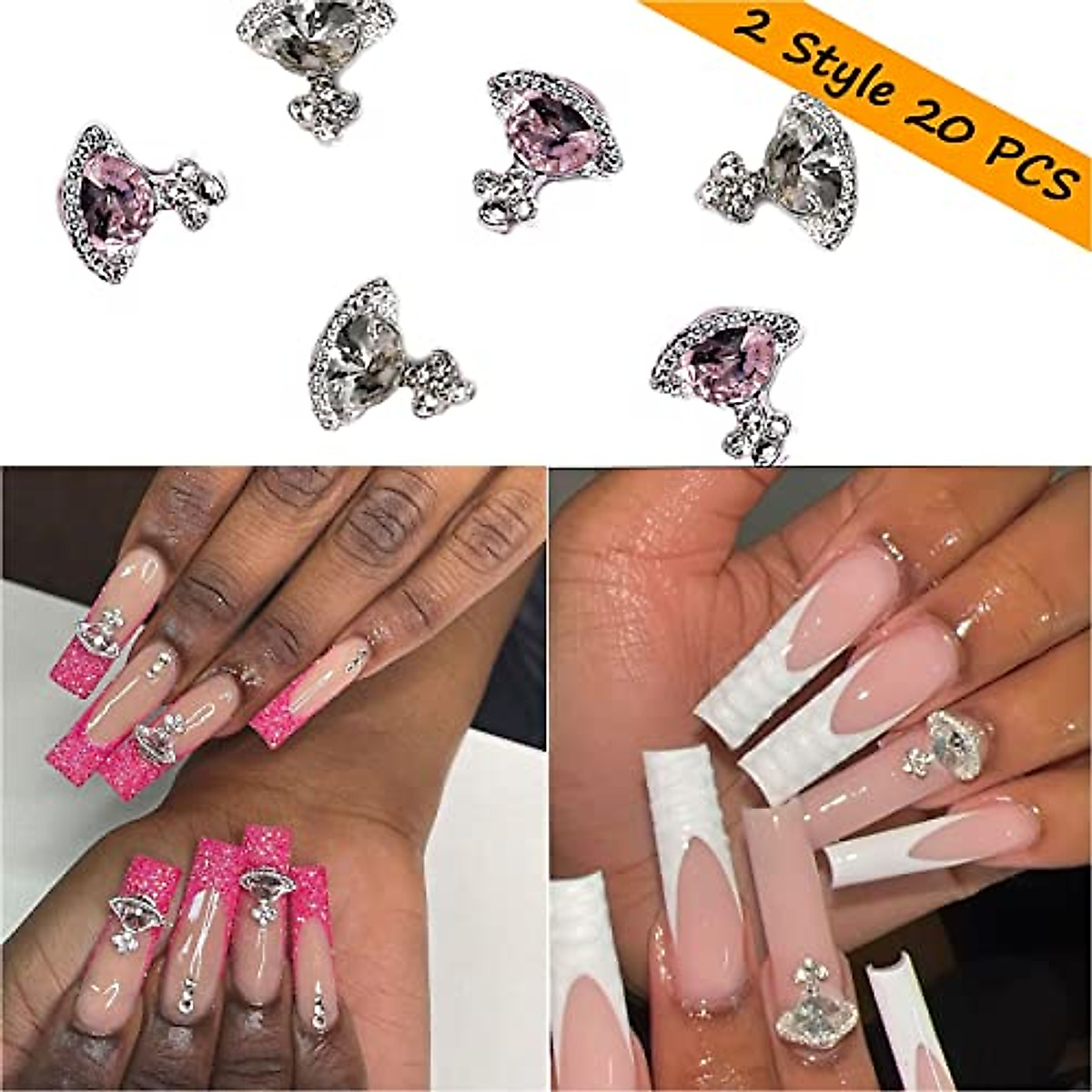 20PCS Nail Art Charms White Pink Planet 3D Shiny Nail Supplies with Rhinestones Saturn Shape Nail Accessories for Women DIY Design Nail Gem Crystals Jewelry Decoration