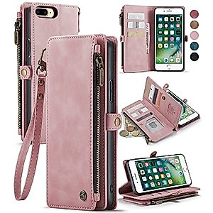 Defencase for iPhone 8 Plus Case, iPhone 7 Plus Case, iPhone 8 Plus Wallet Case for Women Men, Durable Leather Strap Zipper Card Holder Wallet Phone Case for iPhone 7 Plus & iPhone 8 Plus, Rose Pink