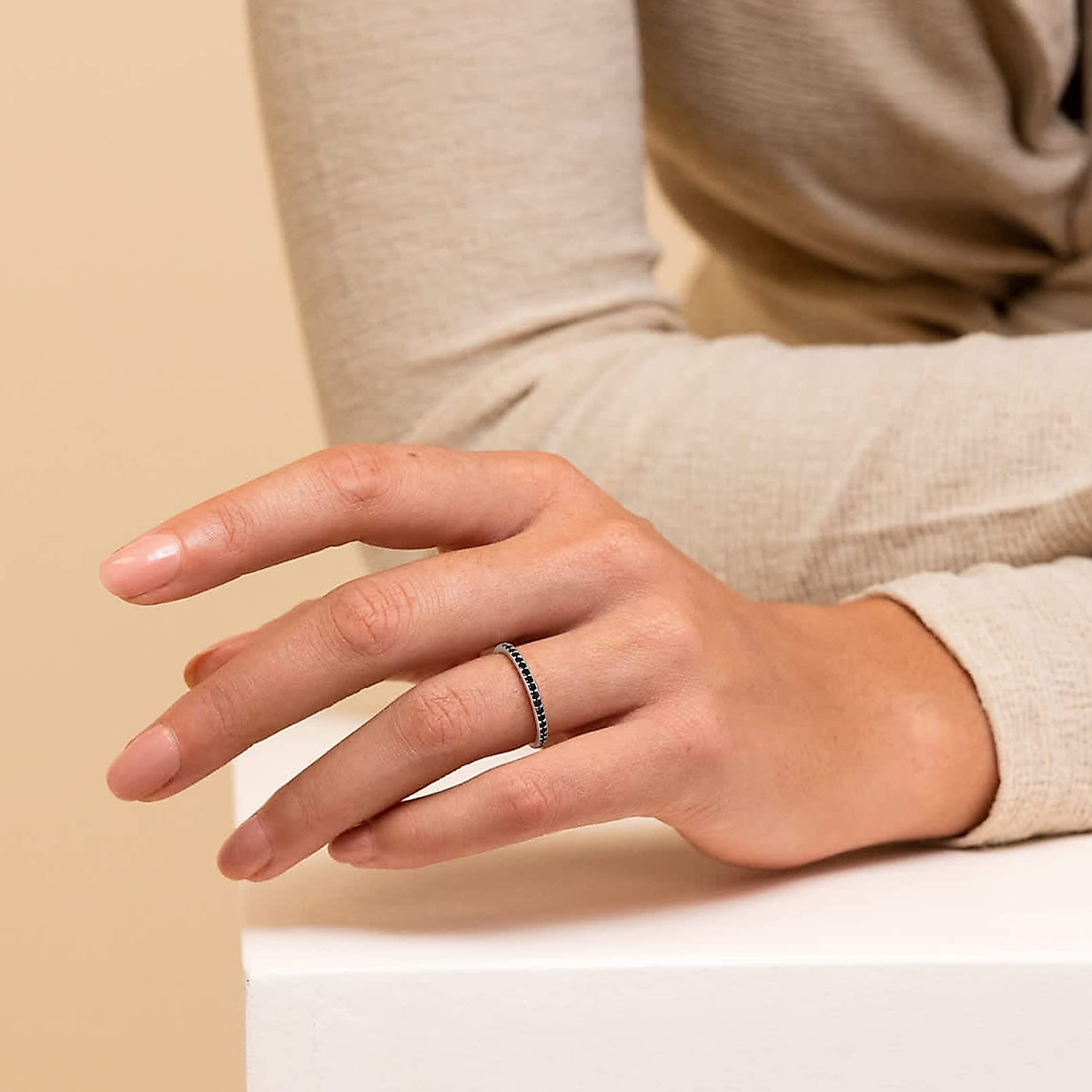 ChicSilver 2MM Women Sterling Silver Engagement Ring Black CZ Cubic Zirconia Eternity Wedding Band Size 8