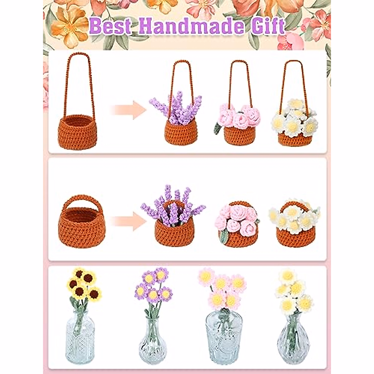 yazi Flower Crochet Kit for Beginners-5 Pack Hanging Potted Plants Crochet Starter Kit with Video, Learn to Crochet Rose Lavender Daisy Heart Cactus Pot for Adults,DIY Knitting Supplies