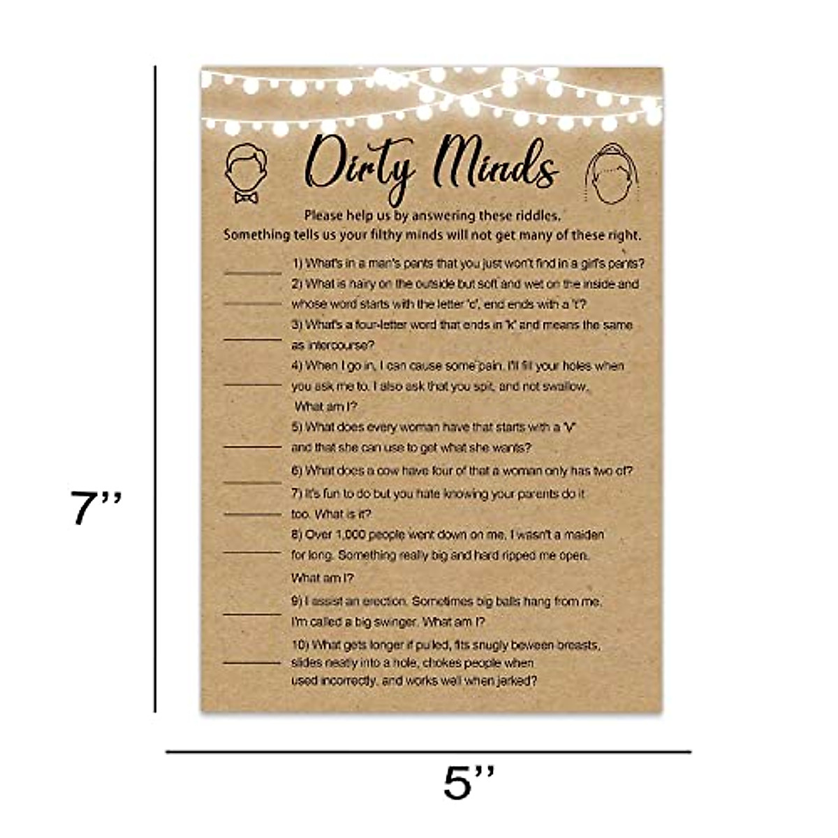 30 Fun Bridal Shower Games - Dirty Minds, Rustic Kraft Wedding Engagement Games Favors Party Supplies -5 X 7 Inches