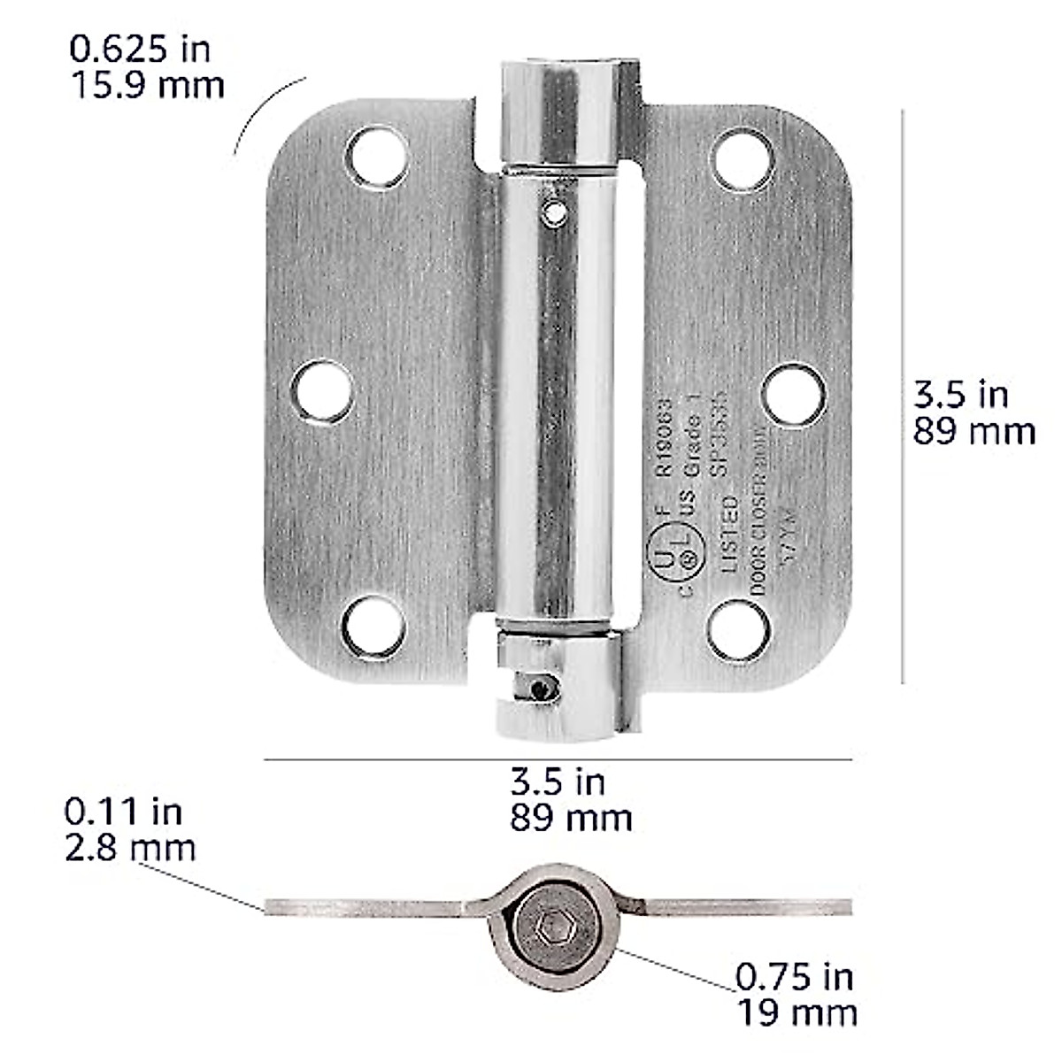 Amazon Basics Self-Closing Door Hinge, 3.5 Inch x 3.5 Inch, 1 Piece, Satin Nickel