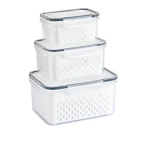 3PCS Fruit Storage Container with Lid & Colander, Produce Vegetable Saver Container, Refrigerator Keep Fruits Veggie Food Meat Fish Fresh, Draining Fresh Container 3 In 1 Organizer