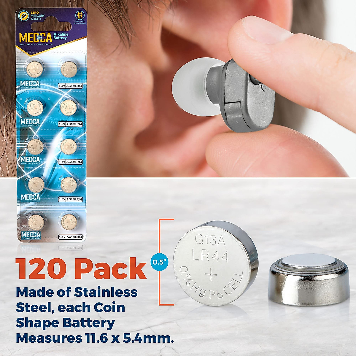 LR44 Batteries - 120 Count Pack - 1.5V Alkaline AG13 357 303 SR44 Battery Button Coin Cell Batteries for Hearing Aids and Hearing Amplifiers