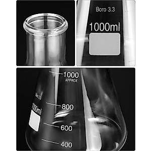 QWORK Erlenmeyer Flask Set - 50ml, 150ml, 250ml, 500ml & 1000ml - Narrow Neck, Clear Graduations - - Borosilicate 3.3 Glass - Ideal for Professional Lab Use