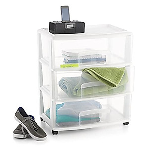 Homz Plastic 3 Clear Drawer Compact Home Rolling Storage Container Tower for Small to Medium Sized Items, White Frame (2 Pack)