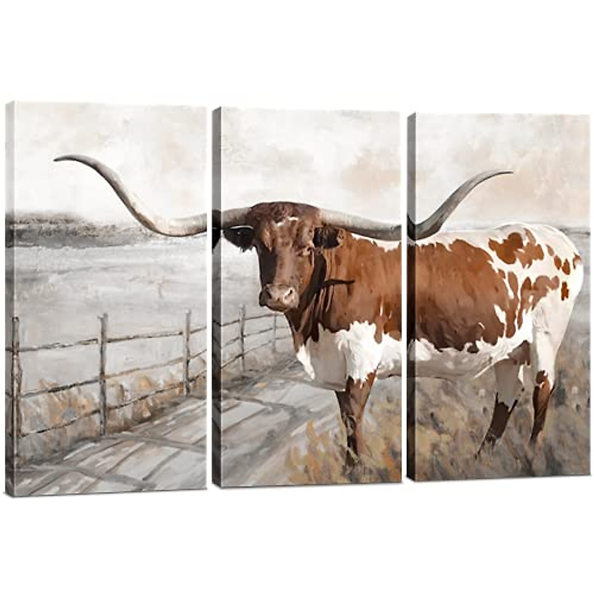 Longhorn Wall Decor - Western Decor Wall Art - Farmhouse Artwork - Cow Canvas Wall Art - 3 Piece Set 24x36 - Texas Theme Picture for Home or Office