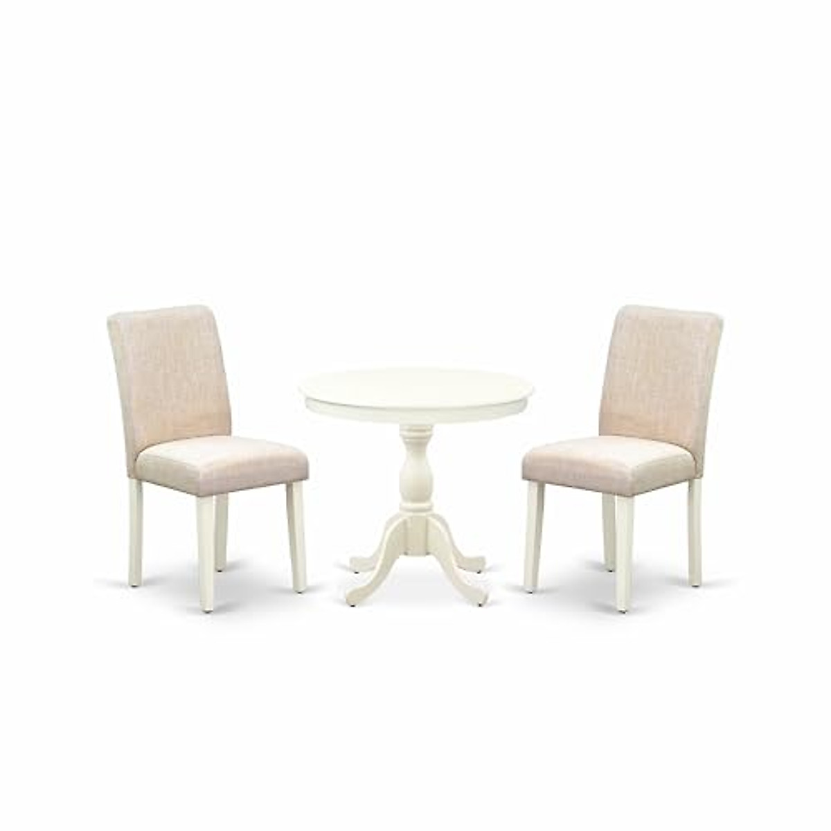 East West Furniture AMAB3-LWH-02 3 Piece Dining Room Furniture Set Contains a Round Dining Table with Pedestal and 2 Light Beige Linen Fabric Upholstered Chairs, 36x36 Inch, Linen White