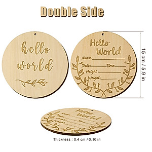 LUTER 1 PCS Newborn Announcement Sign, 5.91 inch in Diameter Hello World Sign with a Hemp Rope Interesting Patterns Round Wooden Baby Announcement Sign for Newborn Photo Props