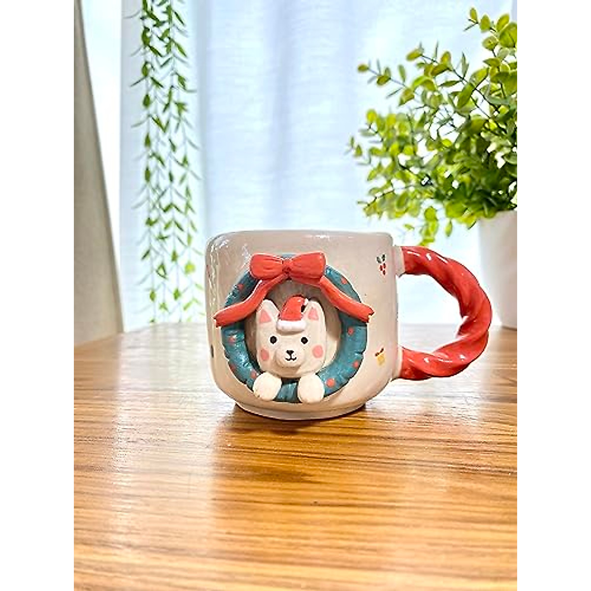 Christmas and the santa cat cup. Handmade ceramic cup, Hand-painted mug, Unique Surprise gift for Christmas or Birthday. Dishwasher and Microwave safe