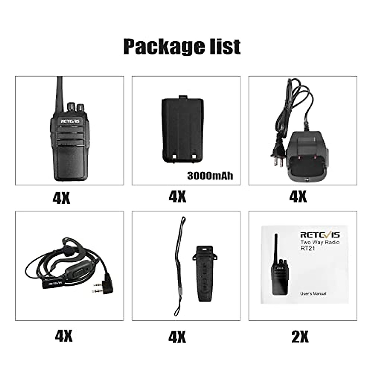 Retevis RT21 Updated 3000mAh Two Way Radios Long Range Rechargeable, Portable Walkie Talkies with Earpiece, 16CH Handheld 2 Way Radios for Cruise Camping Events Adults(4 Pack)