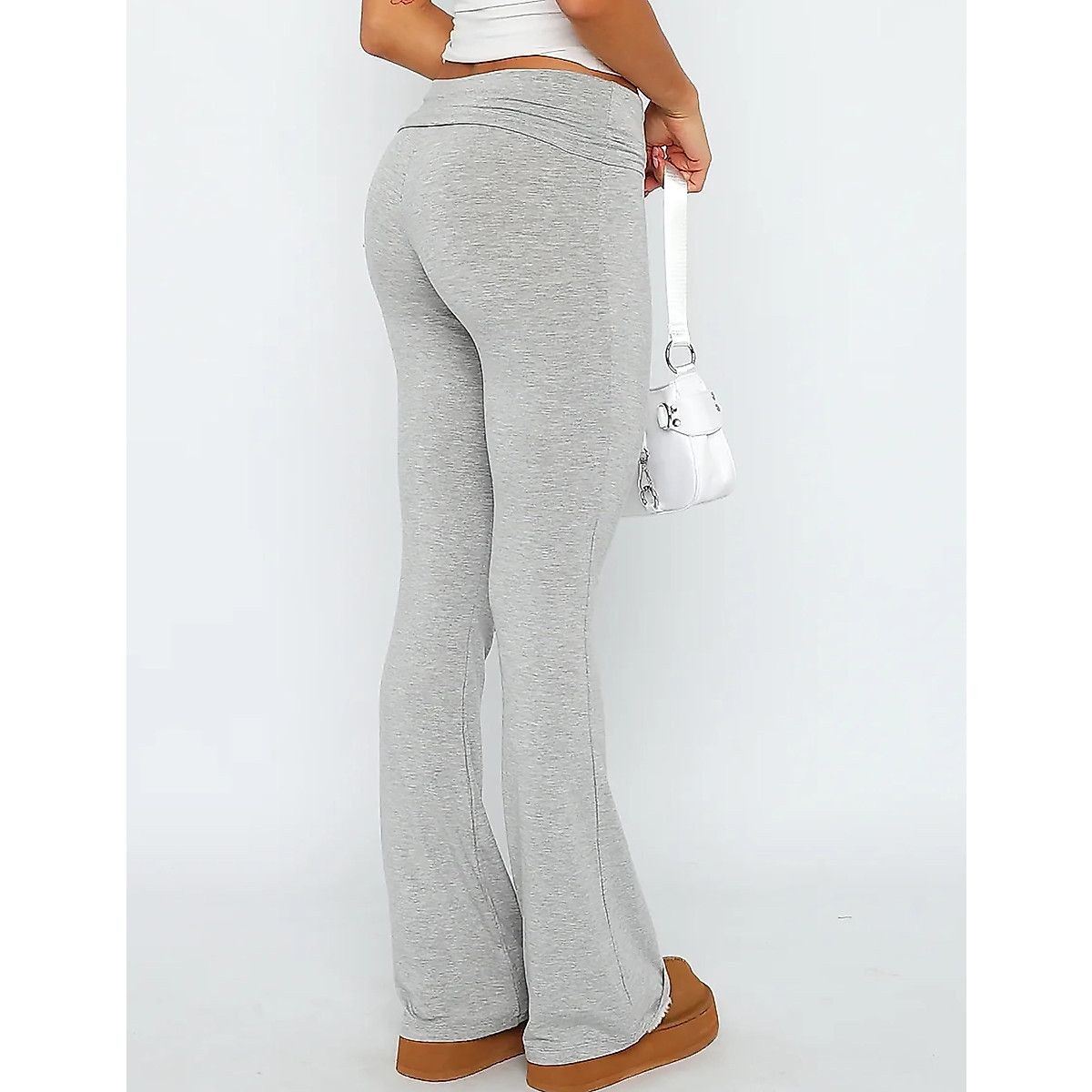 KMBANGI Women Skinny Pants Fold Over Bootcut Stretchy Yoga Flare Leggings Long Y2k Joggers Sweatpants Lounge Streetwear(Daily Light Gray,S)