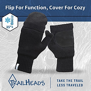 TrailHeads Women’s Fingerless Gloves | Merino Knit Convertible Mittens - black (medium/large)