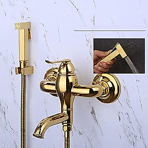 NBAAYIK Wall Mounted Bathroom Toilet Bidet Mixer Spray Kit Golden Single Handle Sprayer Toilet Bidet Shower Head Bathroom Shower Bidet Taps Spray Toilet Cleaning Faucet-B