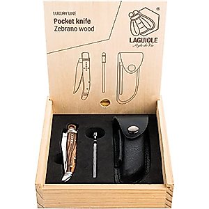 Laguiole Style de Vie pocket knife with sharpening steel, leather pouch and giftbox, zebranowood