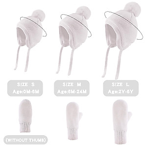 Basic Winter Baby Beanie Gloves Boys Girls Knitted Hat Pompom Kids Earflap Hats Warm Infant Toddler Beanie Mittens Set(White(Hat+Gloves),S)