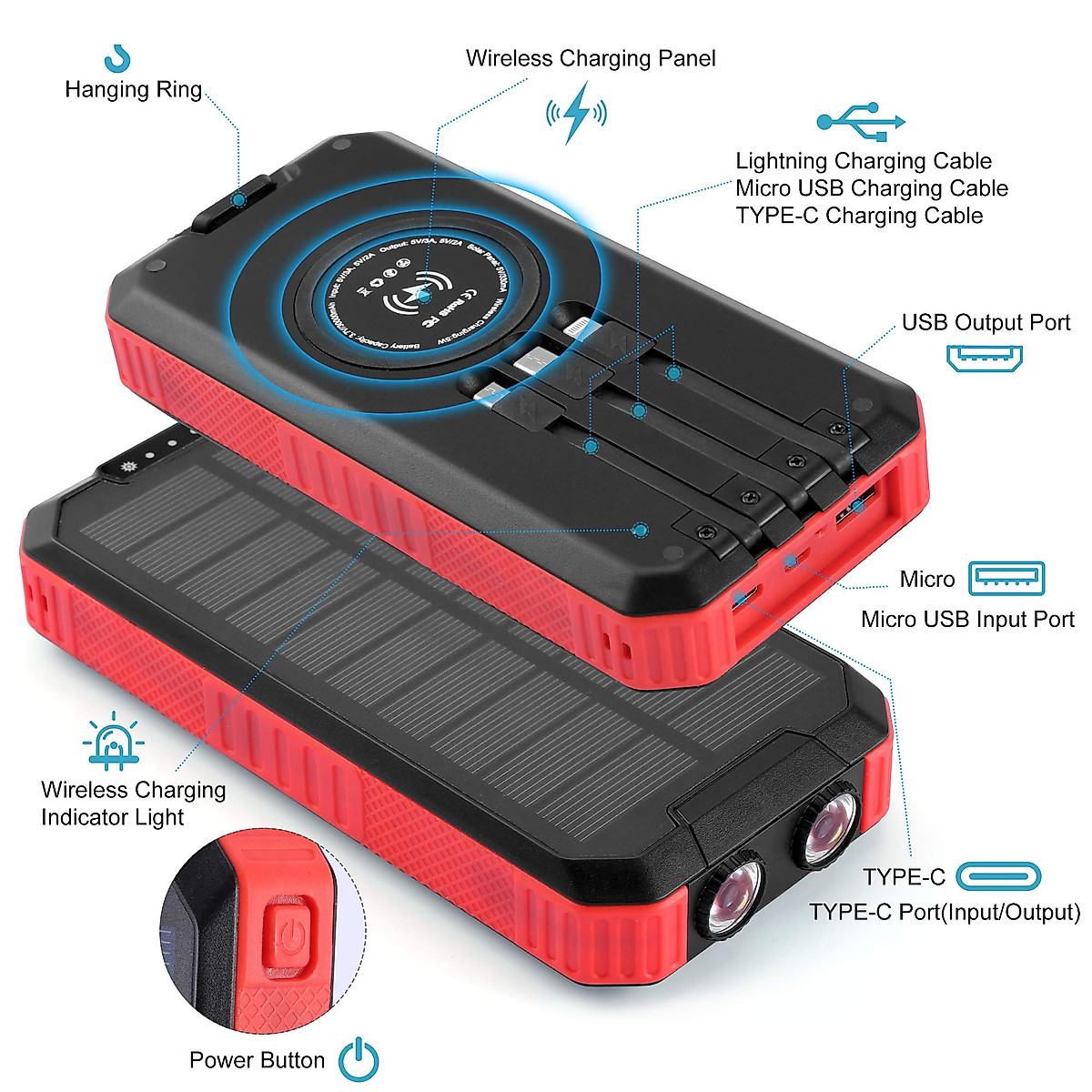 Solar Charger Power Bank OIMYE Solar Phone Charger 30000mAh, Type C Quick Charge 3.0, Wireless Portable Charger Power Bank with External 3 Cables & Flashlight for iPhone, Android, Tablet, Camping