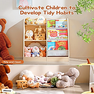 infurnic 3 Tier Kids Wooden Bookshelf Baby Toddler Bookshelf and Toy Storage Organizer with Three Layer Sling Bookcase for Kids Room Playroom Nursery Classroom