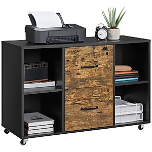 Yaheetech Mobile File Cabinet with 2 Drawer and 4 Open Compartments, Storage Lateral Filing Cabinet for Letter Size A4 Size, Printer Stand for Home Office, Black& Rustic Brown