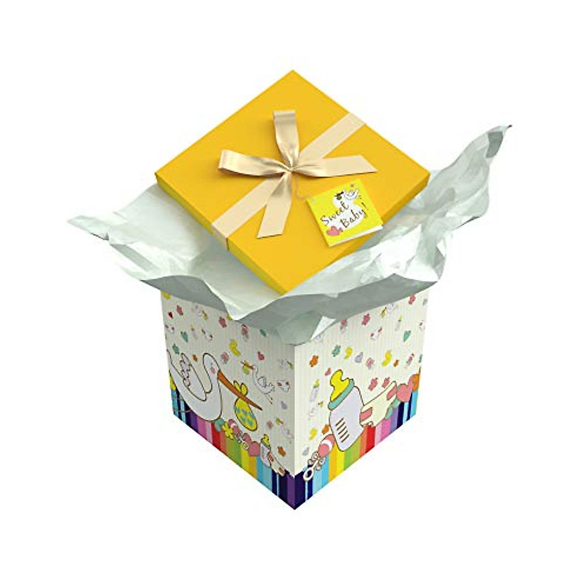 Gift Box 10x10x10 Petit Bebe Collection - Easy to Assemble & Reusable - No Glue Required - Ribbon, Tissue Paper, and Gift Tag Included - EZ Gift Box by Endless Art US