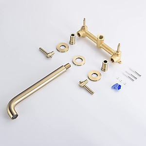 DEOKXZ Bathtub Faucet Wall Mounted Brass Gold, Double Handle Brushed Gold Bathroom Faucet, Extra Long Spout High Flow with Thick Valve