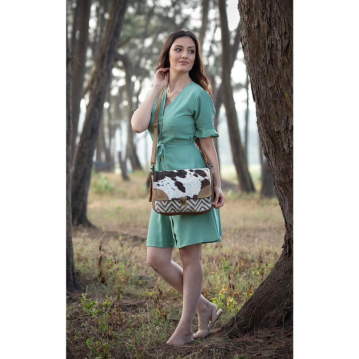 Myra Bag Pearl Fusion Upcycled Canvas & Cowhide Messenger Bag S-1380