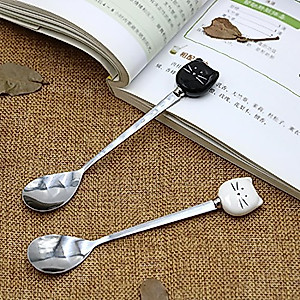 Asmwo Little Cute Ceramic Stainless Steel Cat Spoon Set Black and White Color for Cat Mug Demitasse for Stirring Tea Coffee Espresso Sugar Dessert Funny Spoons,5.7-Inch Pack of 2 Valentine's Day Gifts