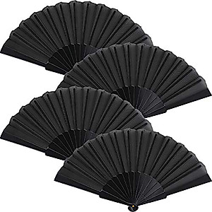 4 Pieces Handheld Folding Fan Chinese Fan Oriental Cloth Fabric Fan for Dancing, Party, Wedding Gifts, DIY Decoration, Home Decorations (Black)