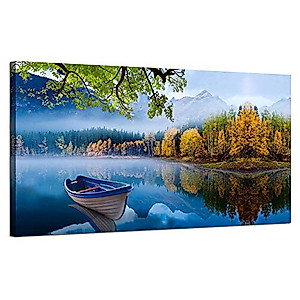 Arjun Lake Canvas Wall Art Blue Mountain Sky Nature Landscape Boat Picture Artwork Modern Spring Painting Framed Large for Living Room Bedroom Bathroom Dinning Room Home Office Wall Decor, 40"x20"