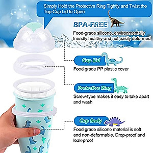 New Cartoon Dinosaur Slushy Cup, Quick Frozen Magic Slushie Maker Cup, Double Layers Slushie Cup with Cup Brush Straw and Spoon, DIY Homemade Squeeze Slushy Maker Cup for Drinks Juices and Milk