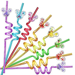 24 Glitter Mouse Ear Party Favors Reusable Drinking Straws 6 Designs Great for Minnie Theme Birthday Party Supplies with 2 Cleaning Brushes