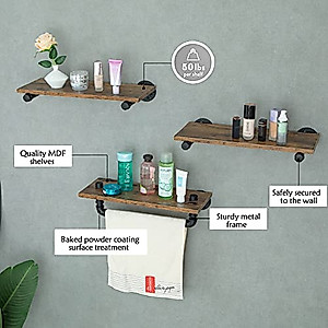 BOTAOYIYI Industrial Pipe Shelving, 3-Tier Industrial Shelves for Wall, Floating Wood Modern Shelf Iron Metal Rack Mounted Corner Rustic Decor with Towel Bar Over Toilet for Bathroom