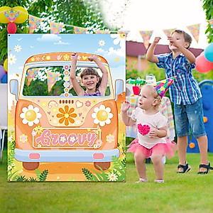 Hippie Bus Photo Prop, Groovy Birthday Party Decorations Large Fabric Hippie Bus Photo Door Banner Background Funny Selfie Frame Backdrop for 60's 70's Party Favors, 59 x 47.2 Inch (Cute Style)