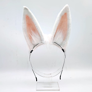 Faylay Plush Furry Bunny Headwear Artificial Rabbit Ear Headband Simulation (2-White)