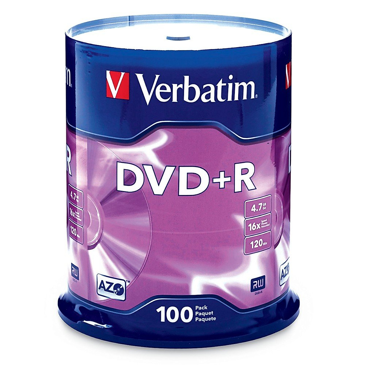 Verbatim DVD+R Blank Discs AZO Dye 4.7GB 16X Recordable Disc - 100 Discs Spindle Silver Frustration Free Packaging