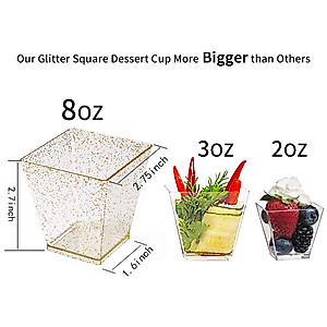 WDF 8oz Gold Glitter Medium Large Plastic Dessert Cups With Spoons-51 Disposable Square Plastic Cups & 51 Gold Glitter Tasting Spoons