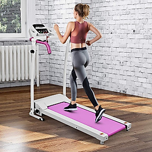 GYMAX Foldable Treadmill, Portable Treadmill with with 12 Preset Programs, LCD Monitor, Built-in Wheels & Pulse Sensor, Freestanding Easy Assembly Running Machine for Small Space Home Gym (Pink)