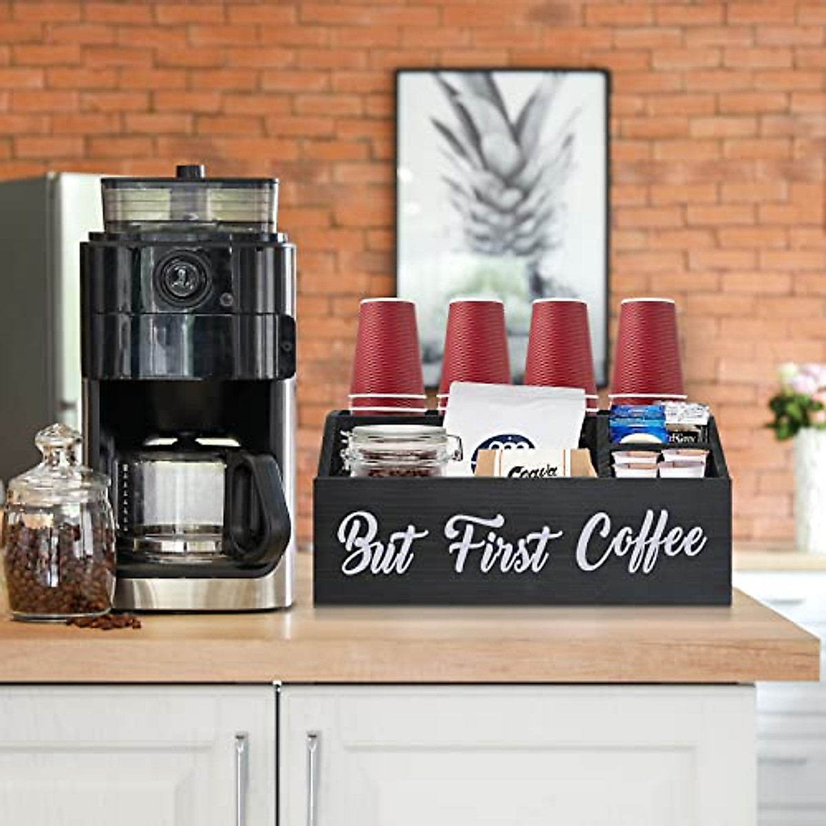 Coffee Station Organizer, Wooden Coffee Bar Bin Box, Countertop Coffee Bar Accessories Organizer, Coffee Pod Holder Storage Basket, Coffee Station Holder for Coffee Bar Decor, Coffee Lover (Black)