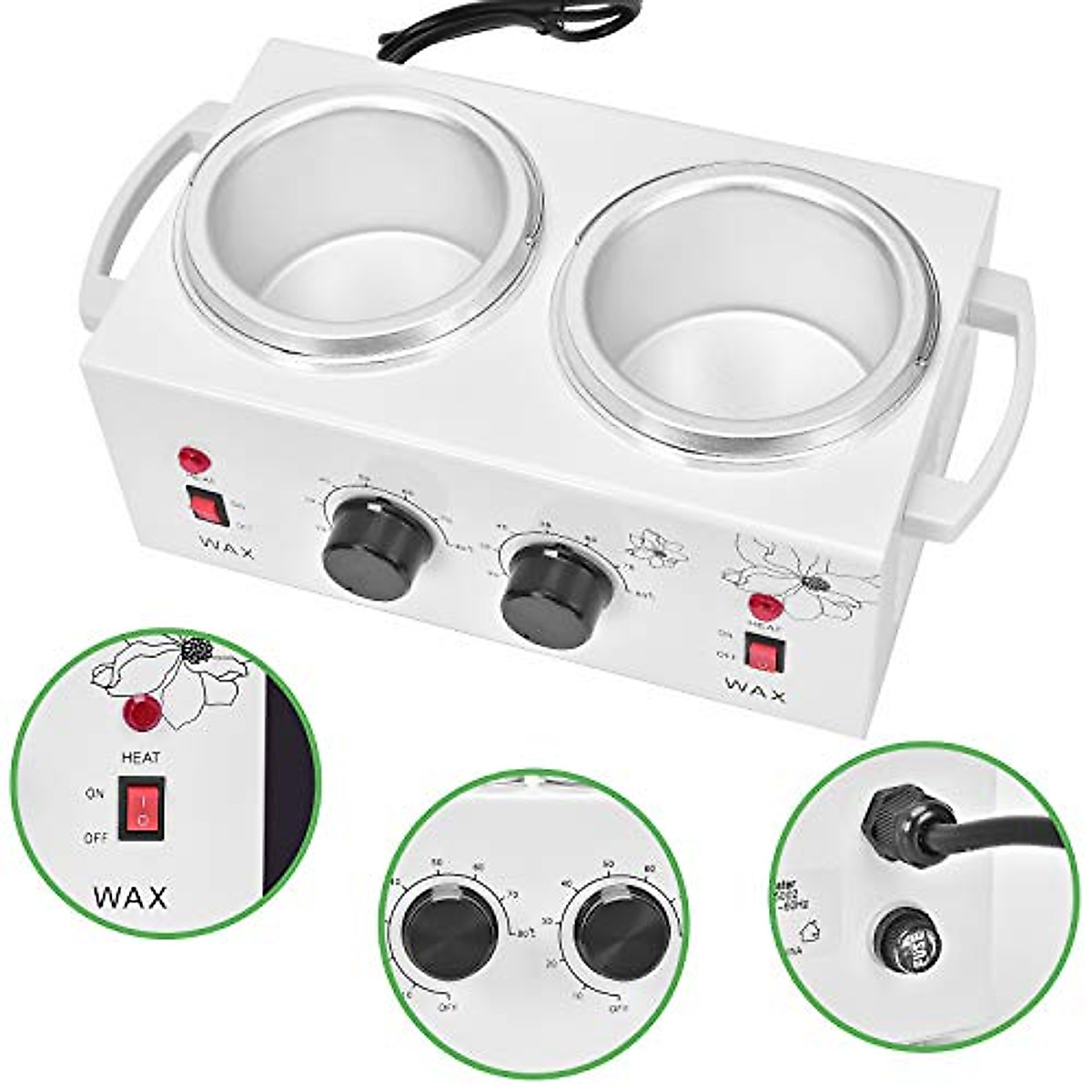 Double Wax Warmer, Professional Electric Wax Heater Hair Removal Dual Parrafin Adjustable Temperature Machine Facial Skin Equipment SPA Hair Removal Tool (White)