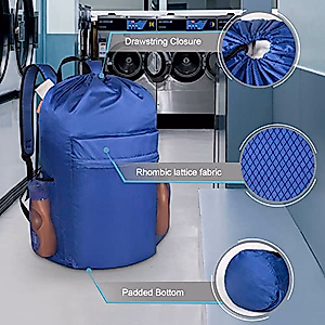 Backpack Laundry Bag with Adjustable Padded Shoulder Straps, Drawstring Closure and Multi Pockets, Durable Laundry Backpack for Laundromat, College, Travel, Camp, Apartment (Blue)