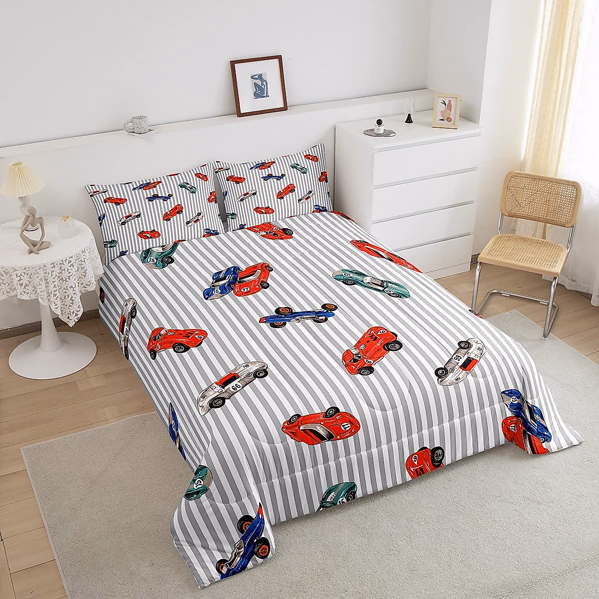 Feelyou Race car Comforter Set Speed Sports Car Bedding Set Racing Car Comforter White Grey Quilted Duvet Set for Kids Boys Girls Microfiber Twin