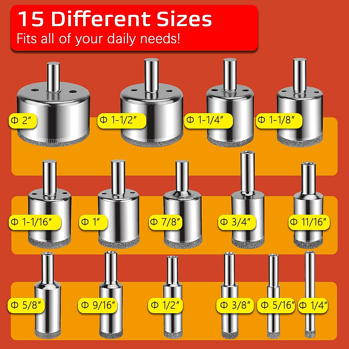 Rokrou Diamond Hole Saw Set 15 PCS Tile Hole Saw Kit with Drill Guide from 6mm-50mm /1/4‘’- 2” for Ceramic,Glass,Porcelain,Marble