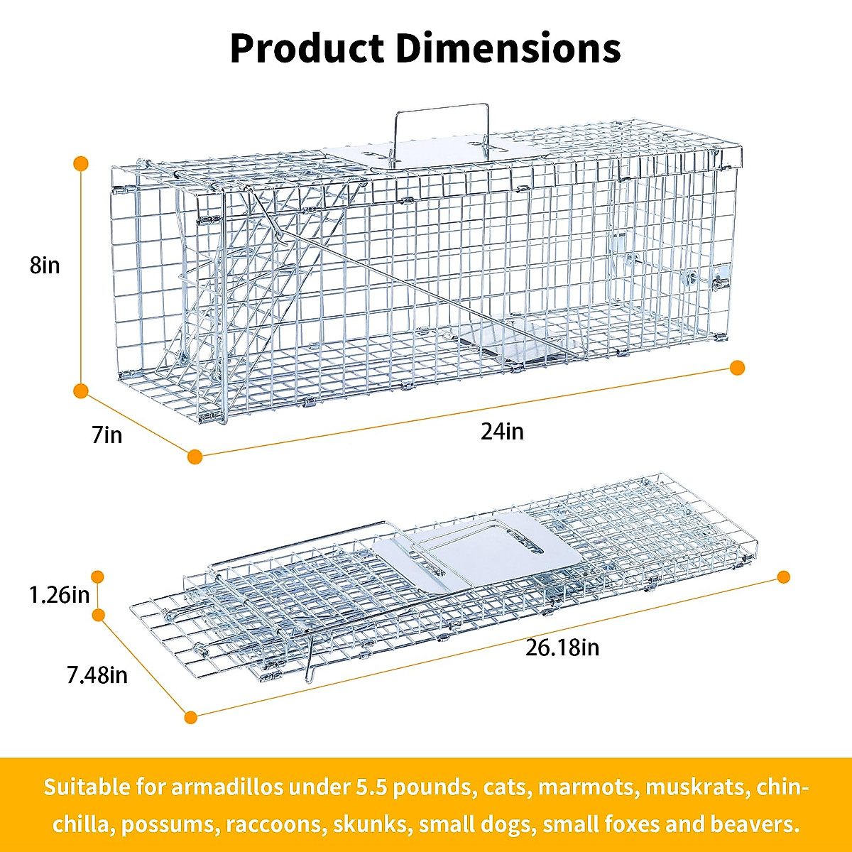 24" Live Animal Trap, Humane Animal Trap for Stray Cats up to 5.5 pounds, Raccoons, Squirrels, Skunks, Moles, Marmots, Armadillos, Rabbits, Steel Folding with Pedal Trigger