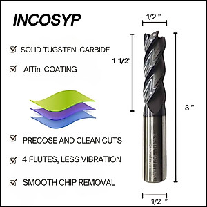 INCOSYP Carbide 1/2" Square End Mill - 4 Flutes AlTin Coated - 1/2" Shank - 1 1/2" Length for Cut - 3" Overal Length - HRC 55 - for Milling Alloy Steels, Hardened Steels, Stanless Steel.