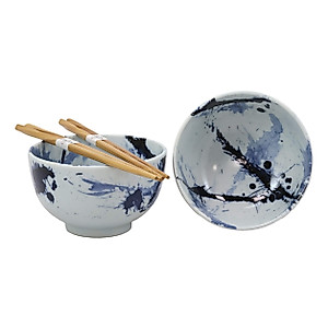 Ebros Gift Made In Japan Blue Splash Paint Abstract Art Design Porcelain Bowls With Bamboo Chopsticks Set Of 2 For Salad Ramen Pho Soup Cereal Home Kitchen Decorative Japanese Artistic Bowl