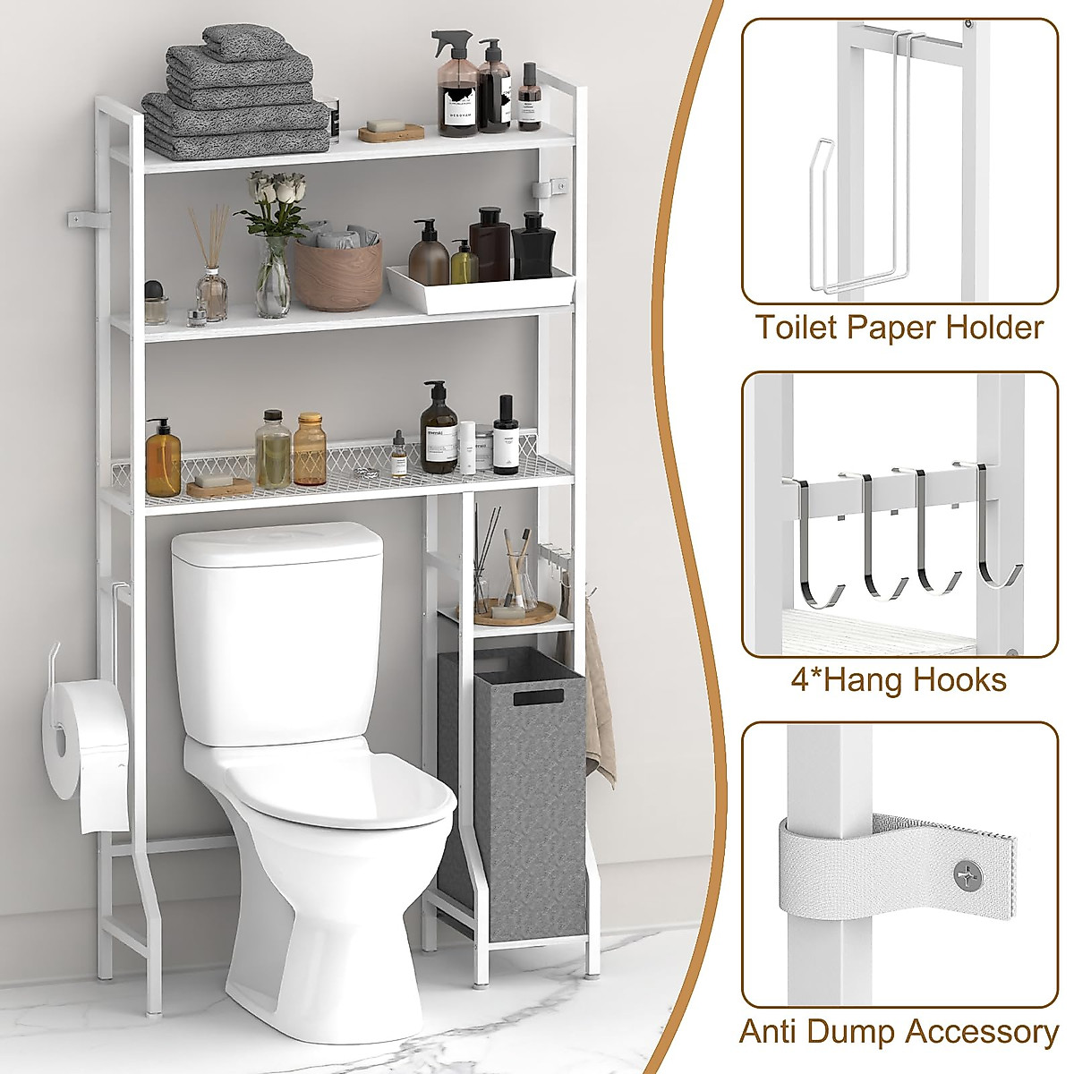 NOVIMANGO Over The Toilet Organizer White, Bathroom Space Saver Over Toilet, 5-Tier Bathroom Over Toilet Storage, Above Toilet Stand with 4 Hooks for Restroom, Laundry