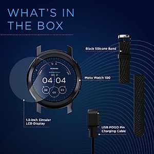 Motorola Moto Watch 100 Smart Watch 42-Millimeter GPS for Men and Women,14-Day Battery,24/7 Heart Rate, SpO2, 5 ATM Water-Resistant, AOD, Compatible with Android and iPhone, Black