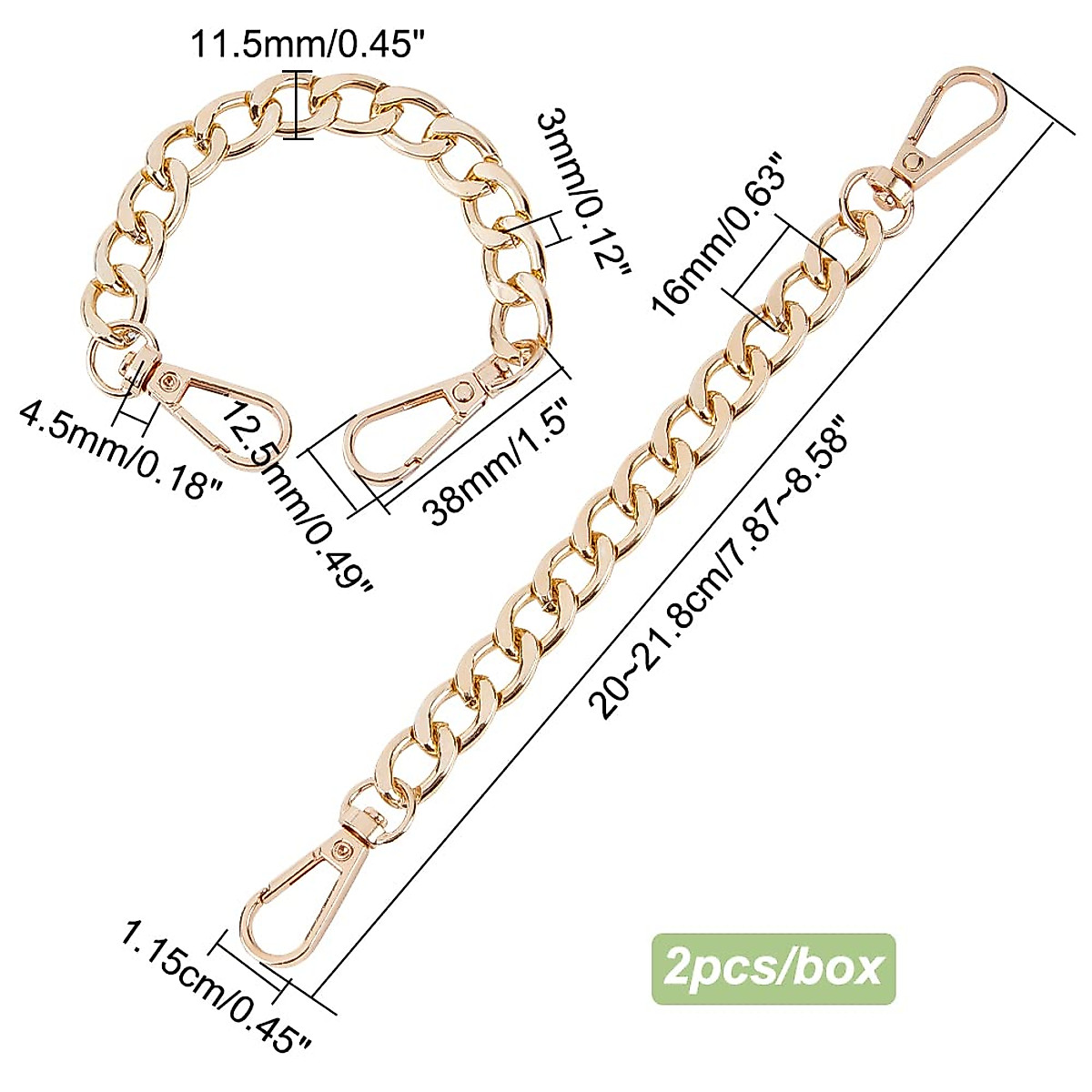 PH PandaHall Purse Extender, 2 Pack 7.8 Inch Golden Aluminum Bag Flat Chain Strap with Alloy Swivel Clasps Handbag Chain Straps Metal Bag Strap Replacement Purse Clutches Handles