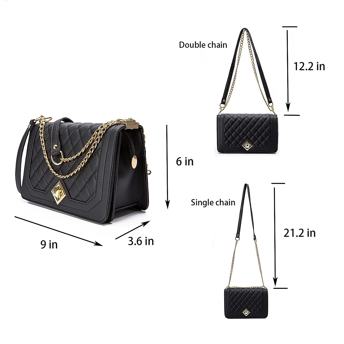 Women Black Quilted Purse Lattice Stylish Clutch Small Crossbody Shoulder Bag with Chain Strap