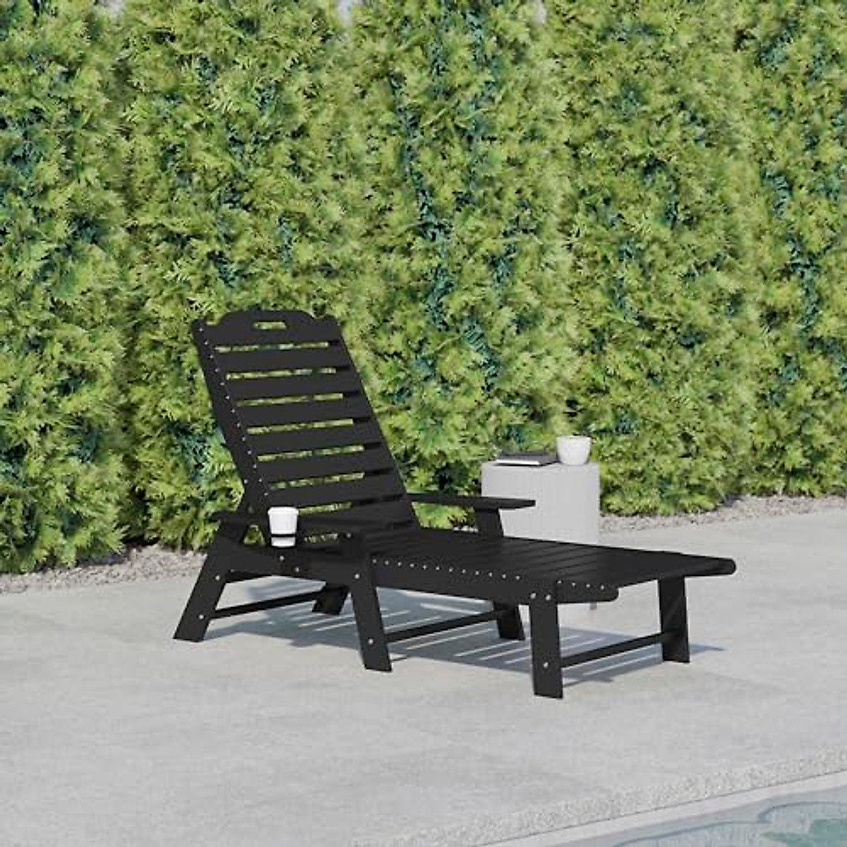 Flash Furniture Monterey Adjustable Adirondack Lounger with Cup Holder- All-Weather Indoor/Outdoor HDPE Lounge Chair, Black